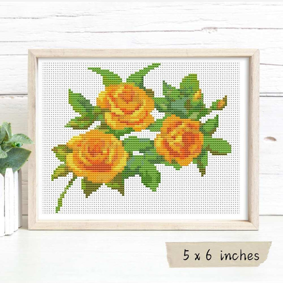 A Trio of Yellow Roses Small Cross Stitch Pattern | Easy Floral Art